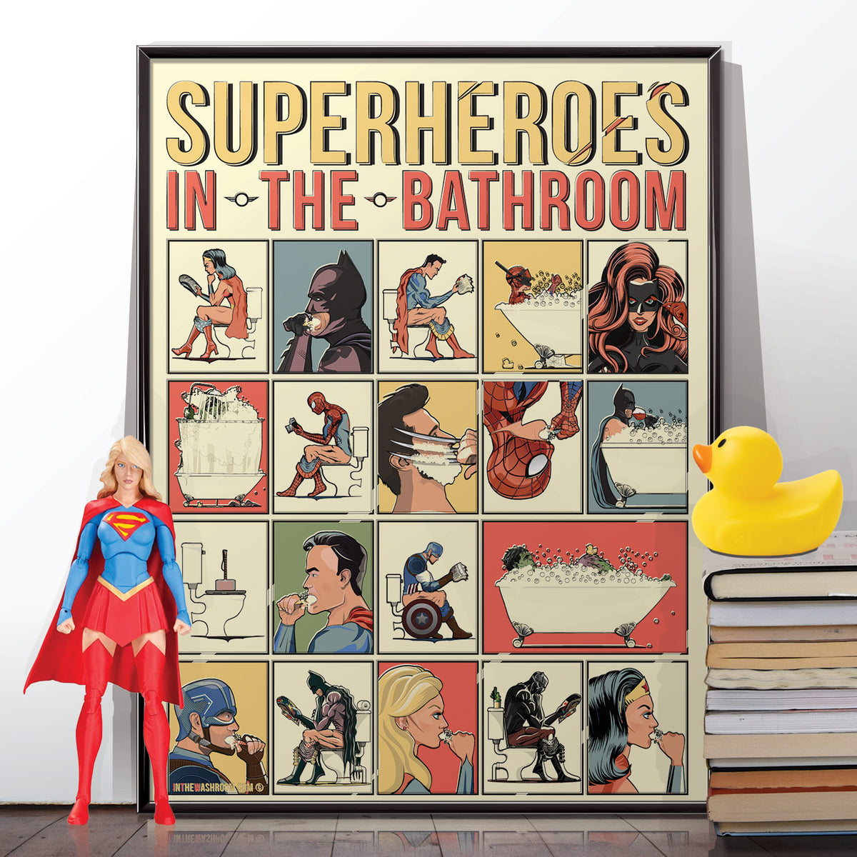 Superheroes in the bathroom. Funny Bathroom Poster - wyatt9.com