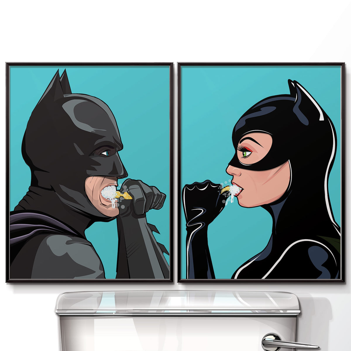 Batman & Catwoman Brushing Teeth Bathroom Posters - wyatt9.com